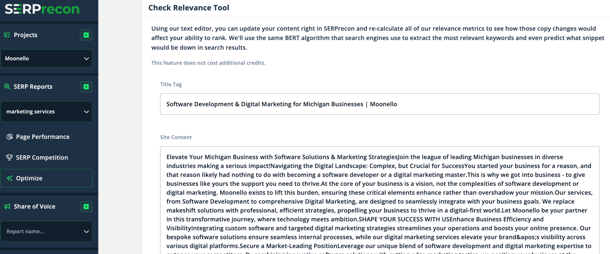 Free Content Relevance Tool - Check Semantic Relevance - SERPrecon